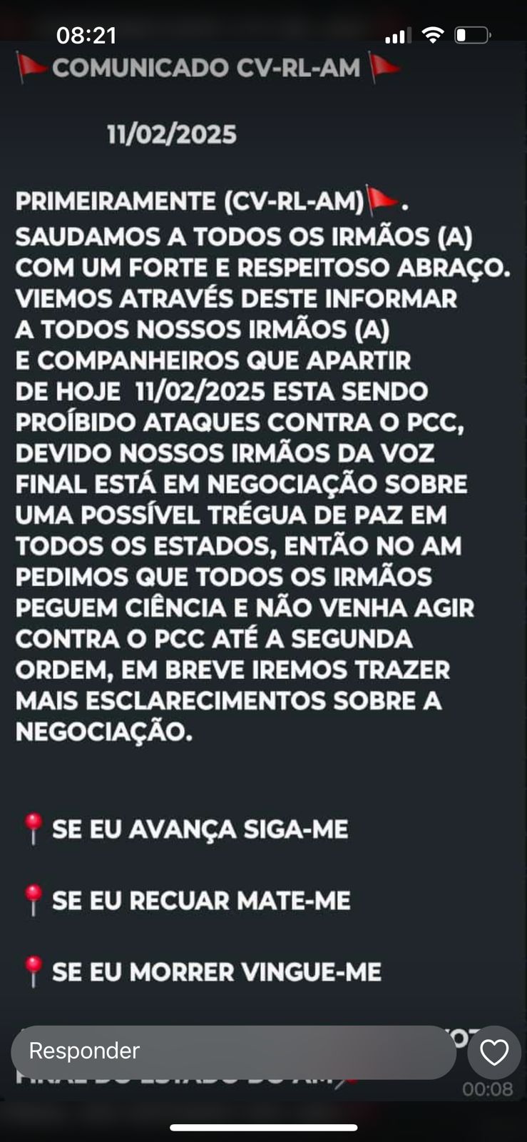 Trégua entre PCC e CV no Amazonas é anunciada em 'salve'; VEJA PRINT